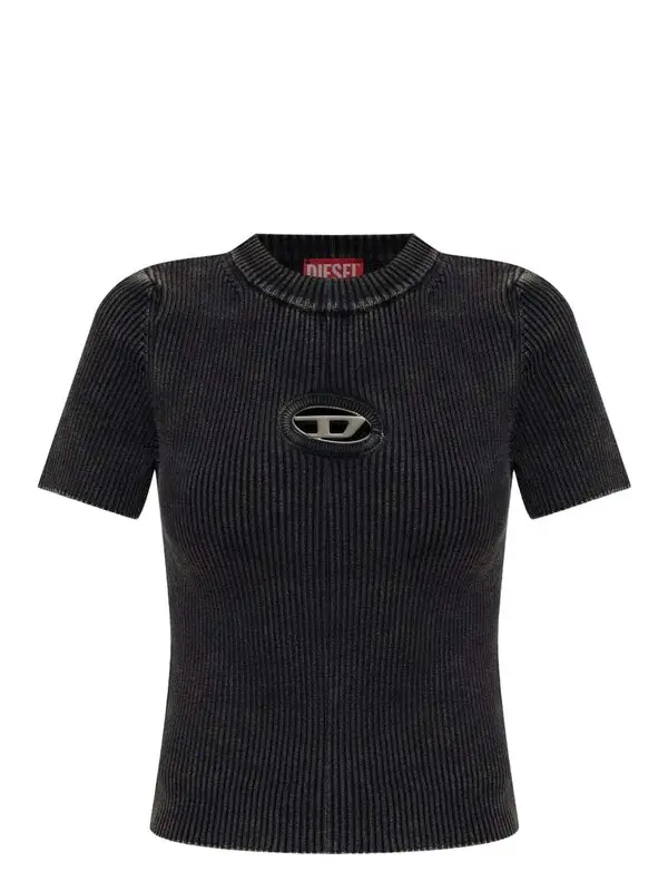 DIESEL® Ribbed Knit T-shirt With Cut-out Logo Detail - Black