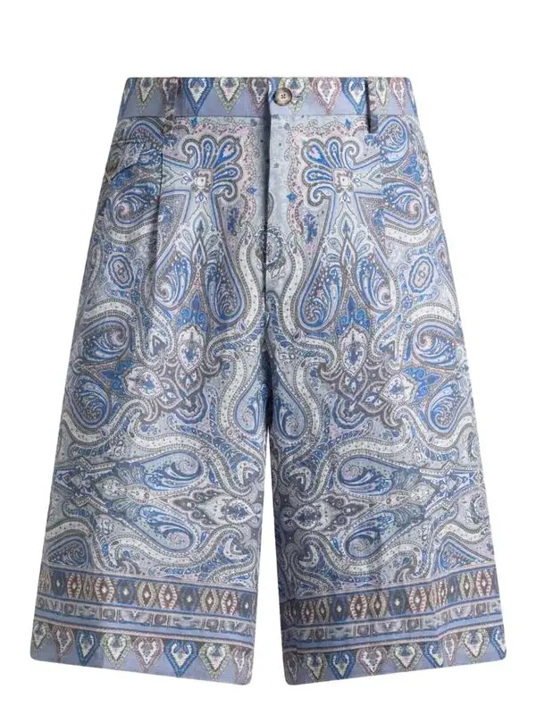 Etro Paisley Print Linen Shorts - Blue