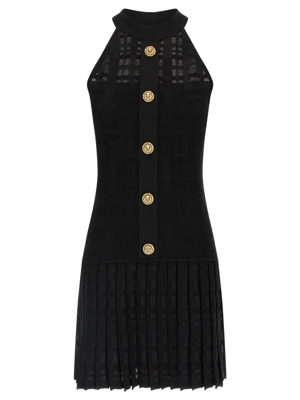 Balmain Tartan Knit Dress With Testa Di Leone Buttons - Black