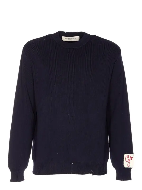 GOLDEN GOOSE Distressed Ribbed Crew Neck Sweater - Blue