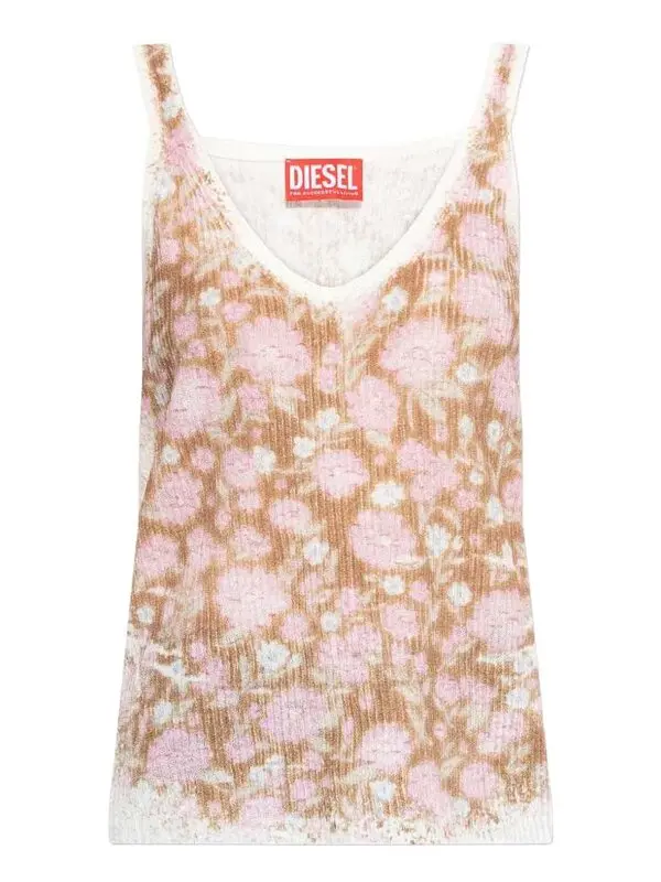DIESEL® Floral Print V-neck Ribbed Knit Sleeveless Top - Multicolor