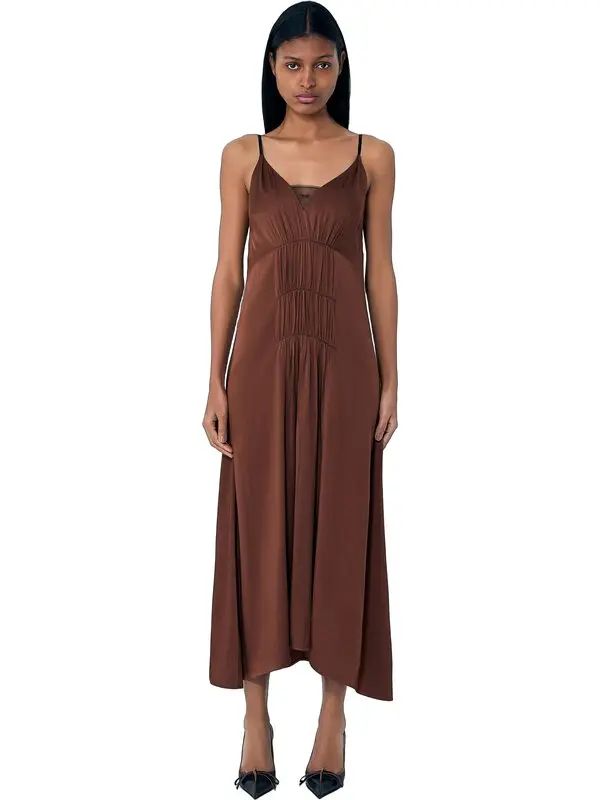 Prada Crepe Satin Midi Dress With V-neckline And Adjustable Straps - Brown