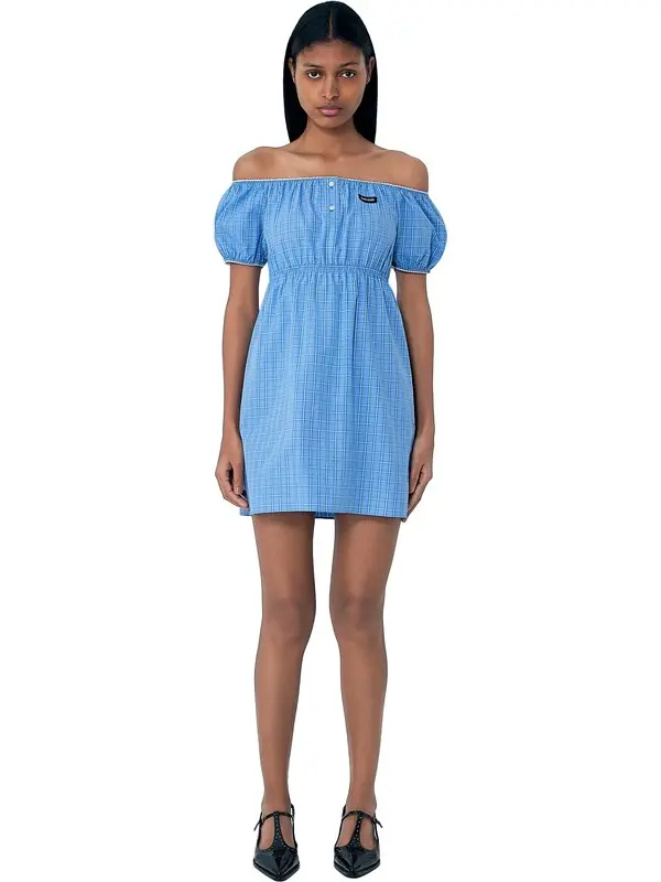 Miu Miu Off-shoulder Plaid Mini Dress - Blue