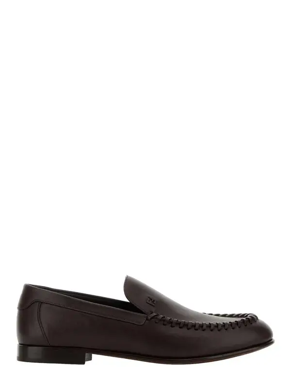 Fendi Dark Brown Leather Loafers With Braided Detailing - Multicolor