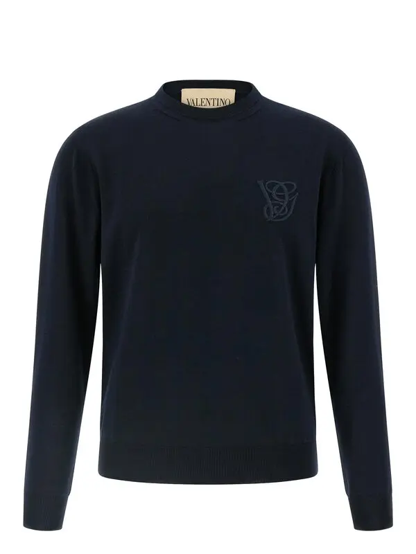 Valentino Garavani Crew Neck Logo Embroidered Sweater - Blue