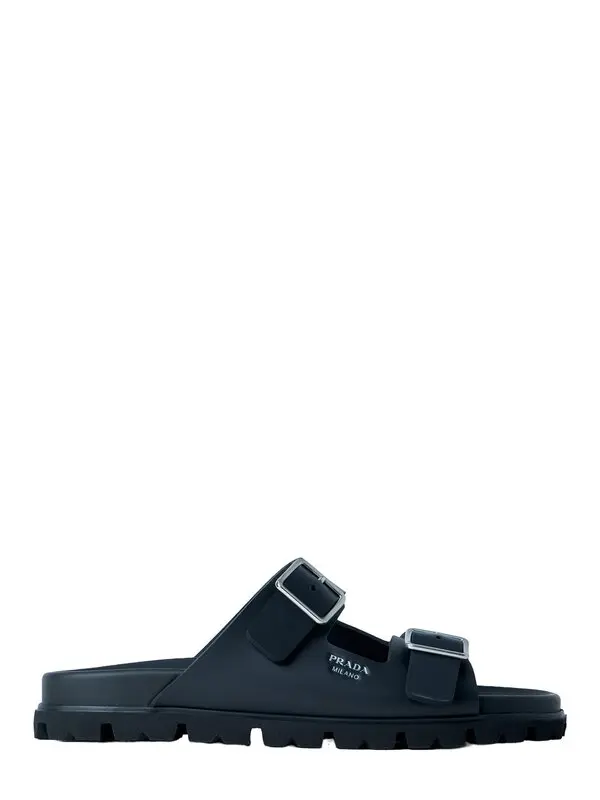 Prada Double Strap Rubber Slides With Adjustable Buckle - Black