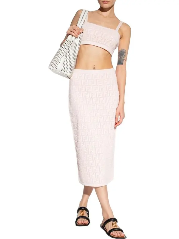 Fendi Ff Monogram Knit Crop Top And Midi Skirt Set - Pink