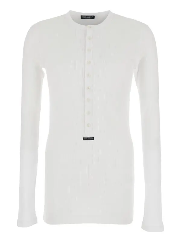 Dolce & Gabbana Serafino' White Crew Neck T-shirt With Long Sleeves And Logo Patch On The Front In Cotton For - Multicolor