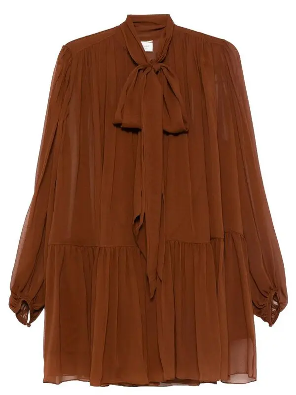 Saint Laurent Sheer Long Sleeve Mini Dress - Brown