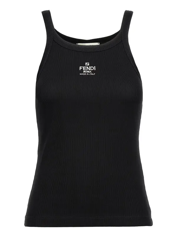 Fendi Ribbed Cotton Tank Top With Logo Embroidery - Black