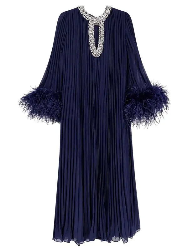 SELF-PORTRAIT Navy Ostrich Feather Trimmed Pleated Dress - Blue