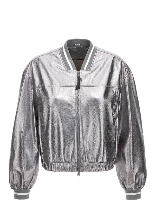 Brunello Cucinelli Laminated Leather Bomber Jacket - Silver