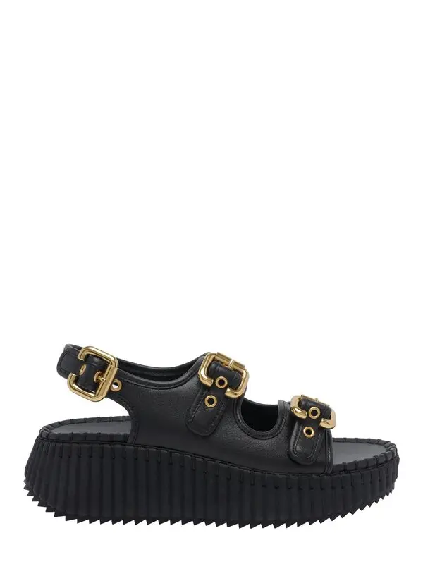 Chloé Nama Wedge Sandals With Gold Tone Hardware - Black