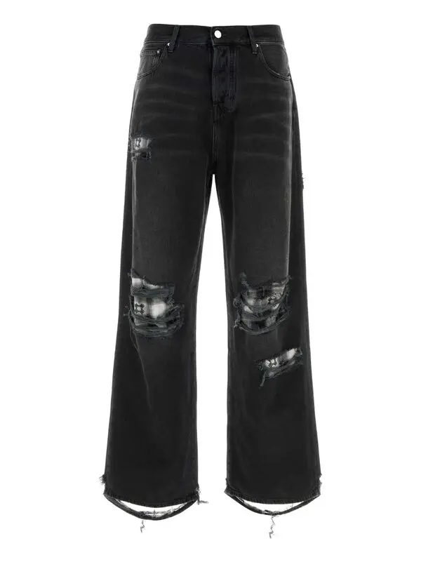 Amiri Distressed Dark Wash Wide Leg Jeans - Black