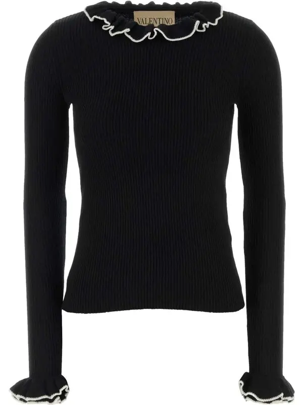 Valentino Garavani Wool Ribbed Knit Ruffled Sweater - Black