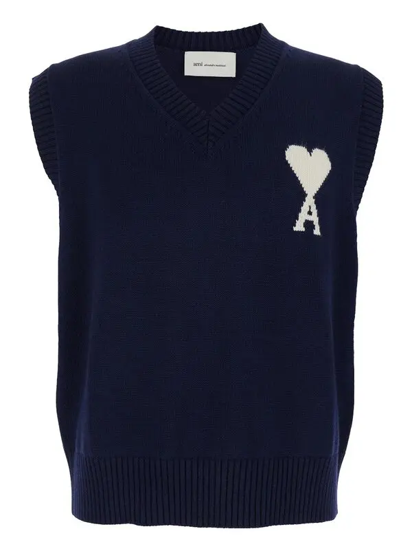 Ami Wool And Cotton Blend Vest With V-neck And Logo Detail - Multicolor
