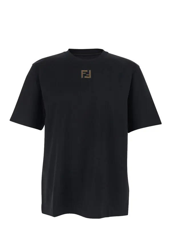 Fendi Crewneck T-shirt With Ff Embroidery On The Front In Cotton - Black