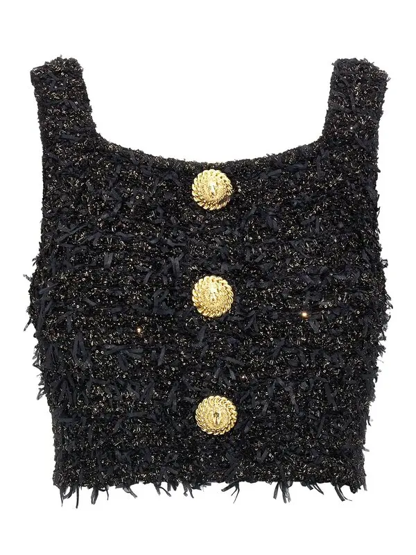 Balmain Lurex Tweed Crop Top - Black