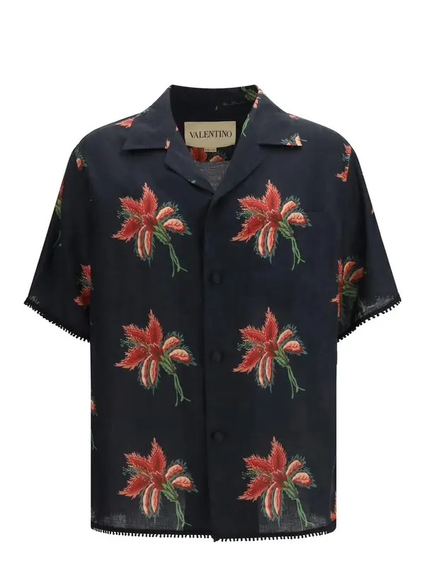 Valentino Garavani Papier Floral Print Linen Bowling Shirt - Black