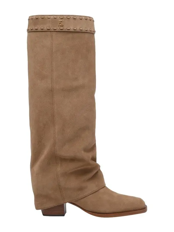 Fendi Suede Knee-high Boots With Embossed Logo - Cream