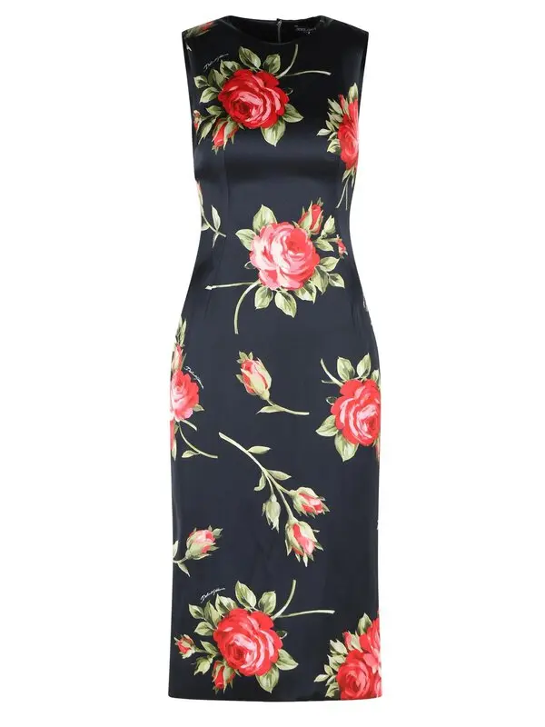 Dolce & Gabbana Sleeveless Rose Print Viscose Dress - Black