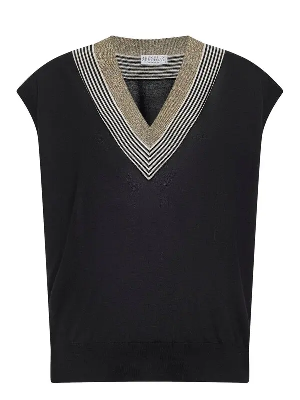 Brunello Cucinelli Black Lightweight Knit Vest With Sparkling V-neckline - Multicolor