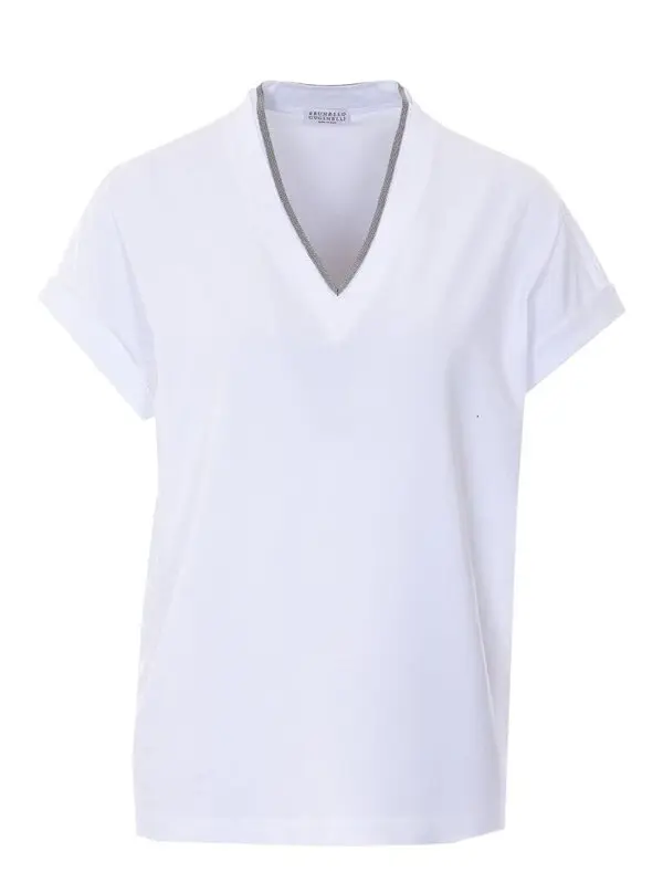 Brunello Cucinelli Monile Embellished V-neck T-shirt - White