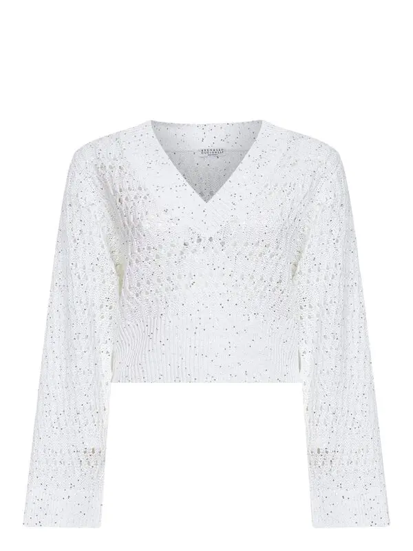 Brunello Cucinelli White Linen Sequin Embellished Openwork Knit Sweater - Multicolor
