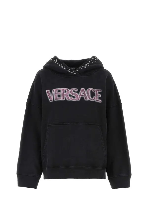Versace Cotton Oversize Sweatshirt With Embellished Hood - Black