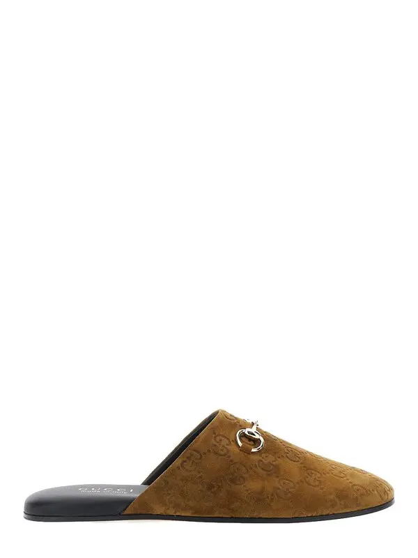 Gucci Suede Mule With Horsebit Detailing And Gg Motif - Multicolor
