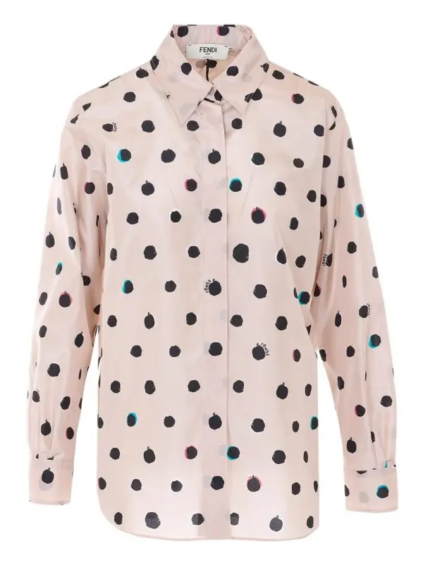 Fendi Polka Dot Print Long Sleeve Silk Shirt - White
