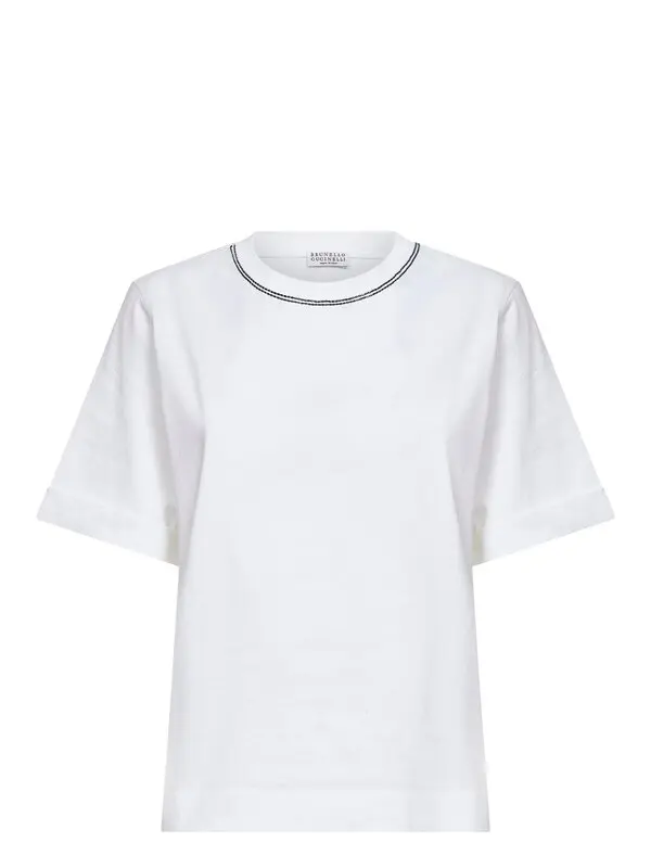 Brunello Cucinelli White Cotton Jersey T-shirt With Shiny Trims - Multicolor