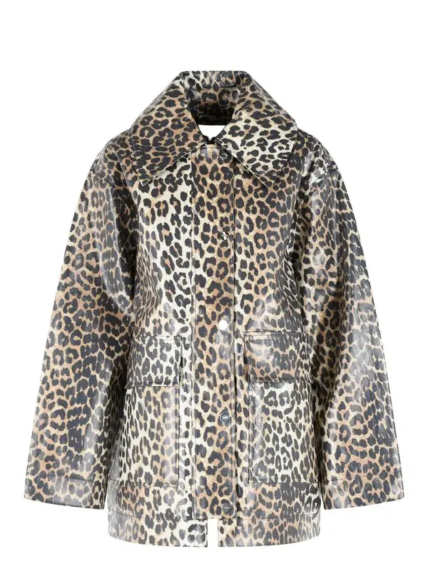GANNI Leopard Print Cotton Blend Jacket - Brown