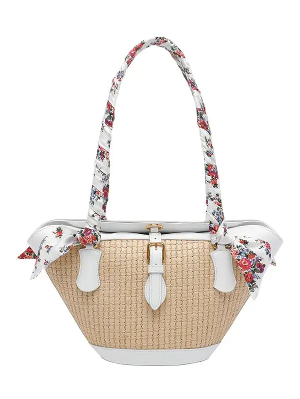 Dolce & Gabbana Raffia Shoulder Bag With Floral Print Scarf - Cream