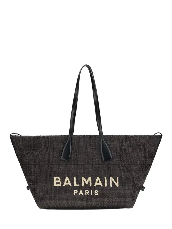 Balmain Track Shoulder Bag In Leather And Raffia - Black