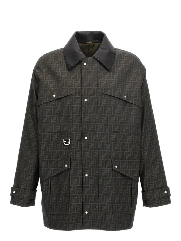 Fendi Ff Jacquard Waxed Fabric Jacket With Leather Collar - Brown