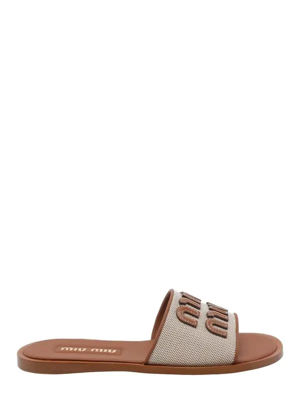 Miu Miu Fabric And Leather Logo Slides - Cream