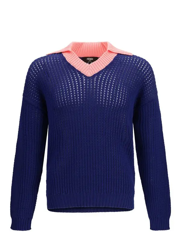 Fendi Ribbed V-neck Sweater With Ff Motif - Blue