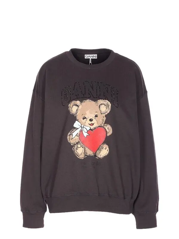 GANNI Long Sleeve Crewneck Sweatshirt With Graphic Print - Black