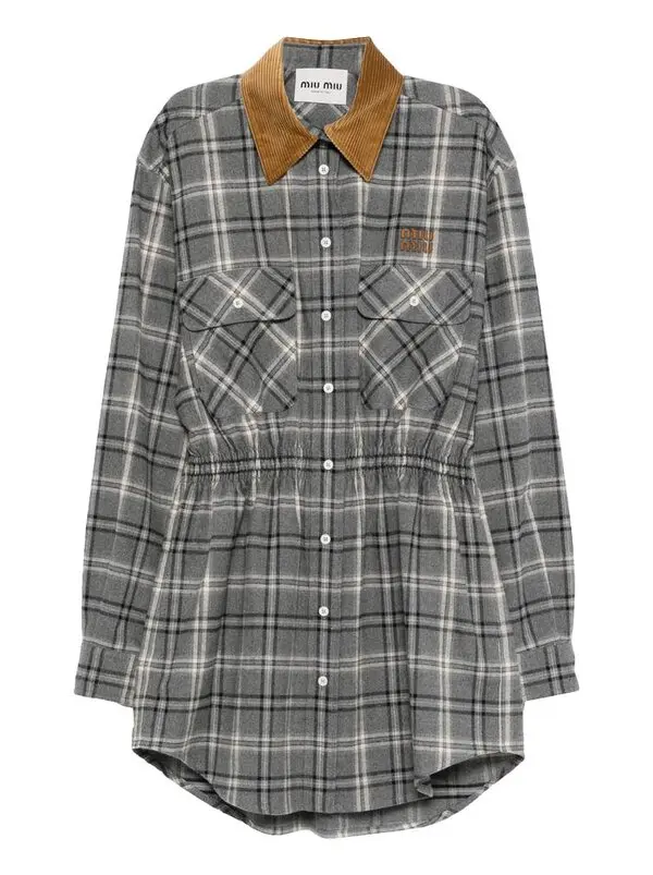 Miu Miu Grey Checkered Cotton Dress With Corduroy Collar - Gray