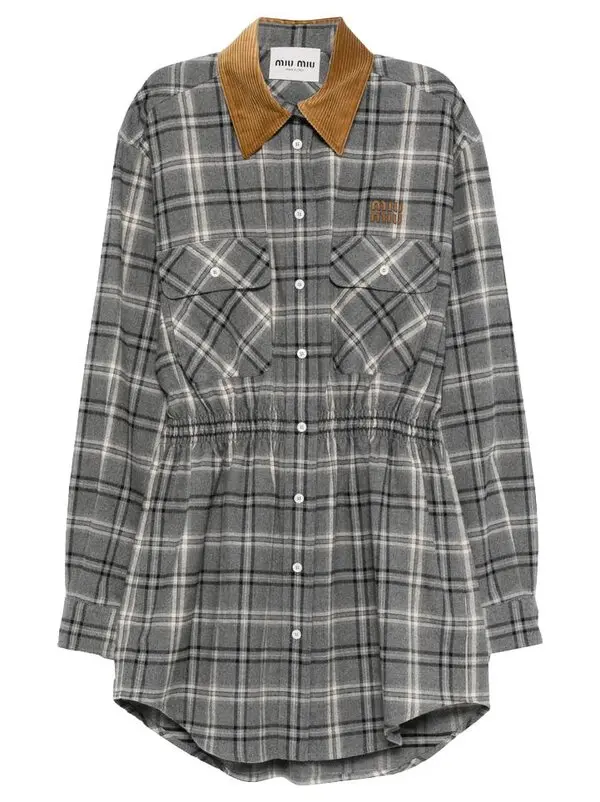 Miu Miu Grey Checkered Cotton Dress With Corduroy Collar - Gray