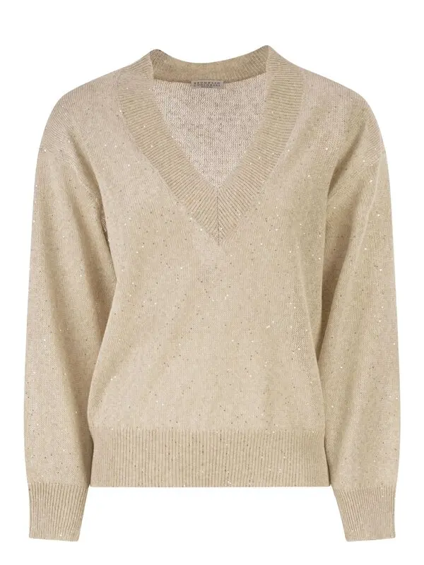Brunello Cucinelli Long Sleeve Sequined V-neck Jumper - Cream