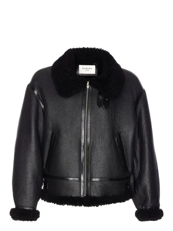 Saint Laurent Shearling Detail Leather Bomber Jacket - Black