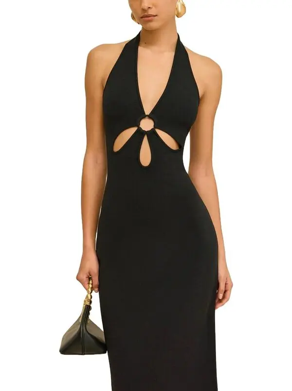 Cult Gaia Halterneck Midi Dress With Ring Detail And Cutout - Black
