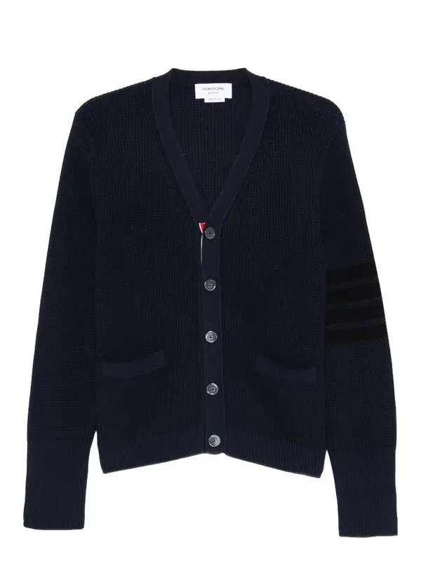 Thom Browne Navy Cotton V-neck Cardigan With Side Stripes - Blue