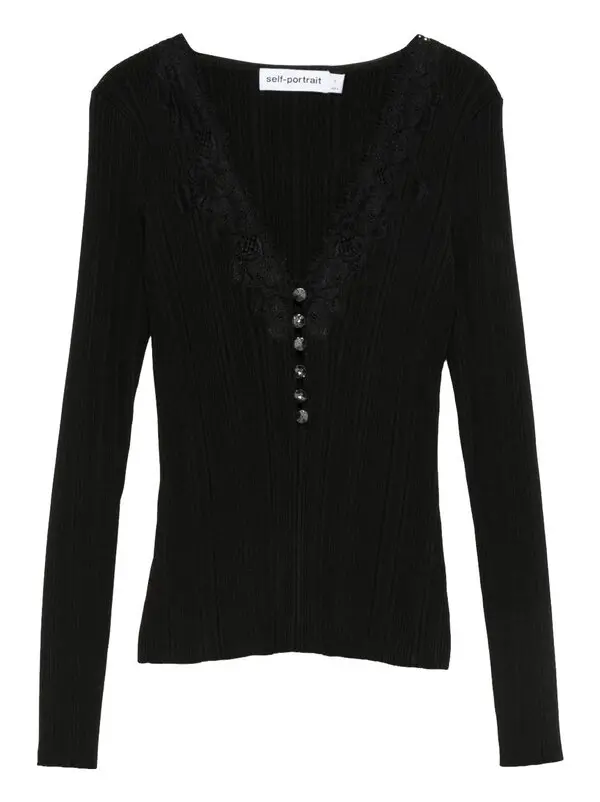 SELF-PORTRAIT Ribbed Lace Trim V-neck Sweater - Multicolor