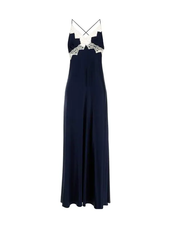 Alberta Ferretti Navy Satin Long Dress - Blue