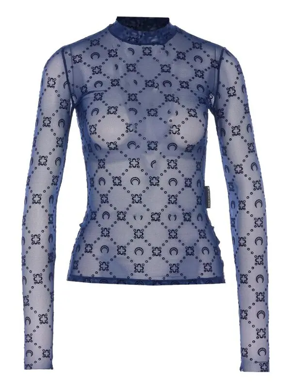 MARINE SERRE Moonogram Mesh Flock Second Skin Highneck Top - Blue
