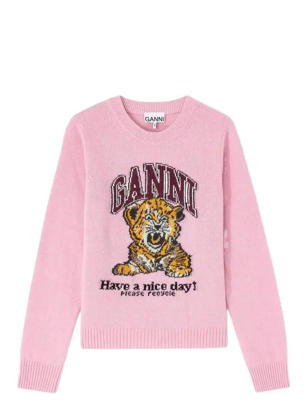 GANNI Graphic Print Crew Neck Long Sleeve Knit Jumper - Pink