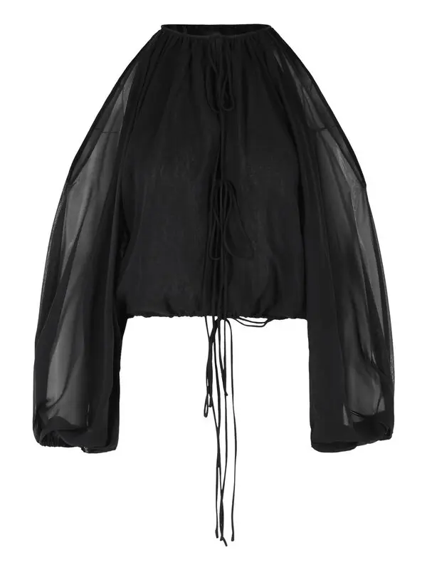 Andamane Silk Blouse With Lace Neck Closure And Wide Sleeves - Black